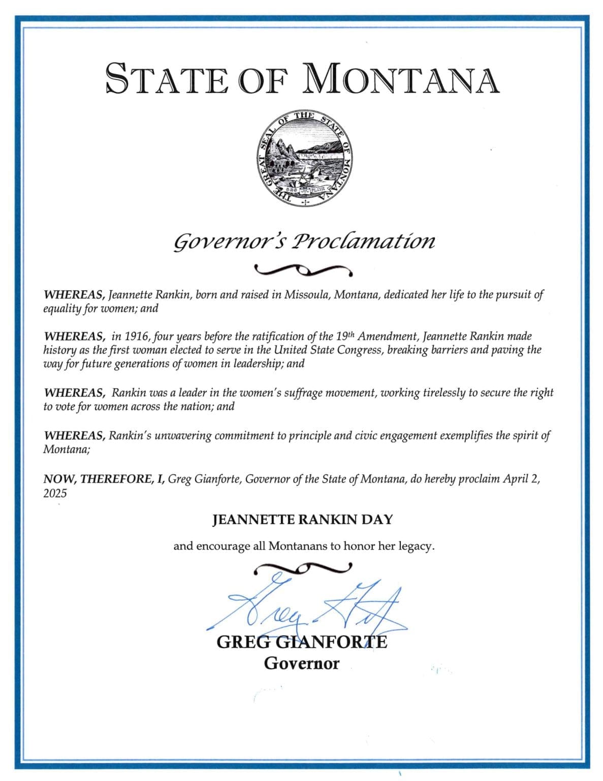 April 2nd proclaimed Jeannette Rankin Day, honoring first woman elected ...